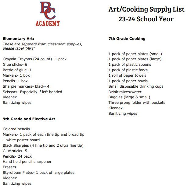 School Supply List - Parent-Student Resources - Bay City Academy